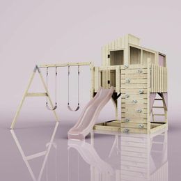 Rebo Spielturm mit Spielhaus mit Wellenrutsche Outdoor Klettergerüst Garten Kletterwand und Kletterleiter, Ausführung: Kinderschaukel, Farbe: Altrosa