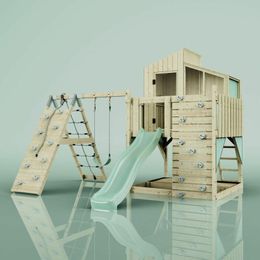 Rebo Outdoor Spielturm mit Wellenrutsche Spielhaus aus Holz mit Kinderschaukel, Kletterwand, Kletternetz, Ausführung: Kinderschaukel, Farbe: Mintgrün