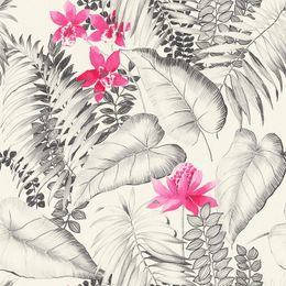 A.S. Création Blätter Tapete gezeichnet | Vlies Palmentapete in Schwarz Weiß Pink | Florale Vliestapete mit Palmenblätter und Blumen Muster für Schlafzimmer - Pink