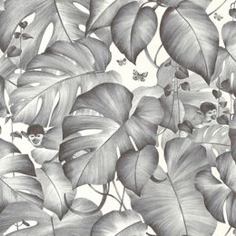 A.S. Création Dschungel Tapete weiß grau | Tropical Vliestapete Monstera Blätter und Affe | Vlies Palmenblätter Wandtapete mit Tier für Wohnzimmer und Schlafzimmer