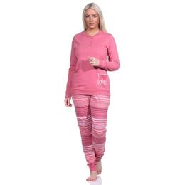 Normann Pyjama Damen Pyjama mit Bündchen und gestreifter Hose + Herzmotiv