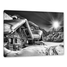 Pixxprint Leinwandbild Verschneite Alpenhütte