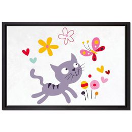Pixxprint Leinwandbild Katze mit Schmetterling und Blumen