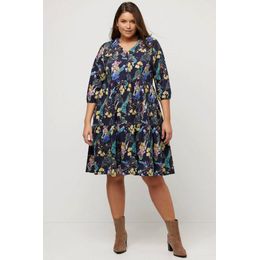 Ulla Popken Jerseykleid Tunikakleid Pfauen A-Linie V-Ausschnitt 3/4-Arm