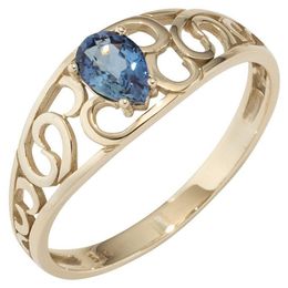 Schmuck Krone Fingerring Ring Damenring mit Saphir Safir blau 585 Gold Gelbgold Fingerring mit Muster