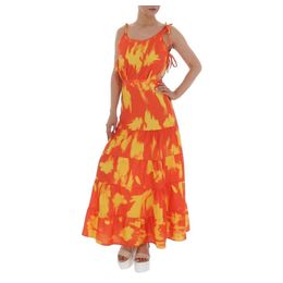 Ital-Design Sommerkleid Damen Freizeit Stufenkleid Volants Batik Maxikleid in Orange