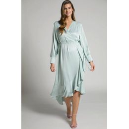 Ulla Popken Jerseykleid Wickelkleid Satin Volant V-Ausschnitt Langarm