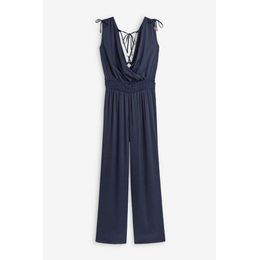 next Jumpsuit Jumpsuit aus Satin mit V-Ausschnitt + weitem Bein (1-tlg)