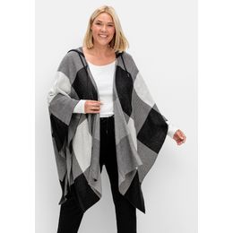 sheego Große Größen: Kariertes Poncho-Cape mit Kapuze, offene Form, schwarz-weiß, Gr.3