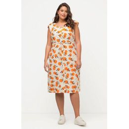 Ulla Popken Sommerkleid Midikleid Orangen A-Linie Rundhals Cup-Ärmel