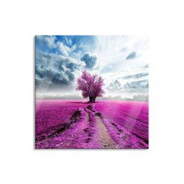 Pixxprint Glasbild Pinkes Feld mit pinkem Baum