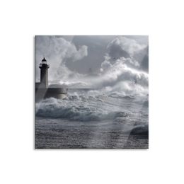 Pixxprint Glasbild Sturmwellen Leuchtturm Portugal