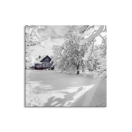 Pixxprint Glasbild Hütte in schöner Winterlandschaft