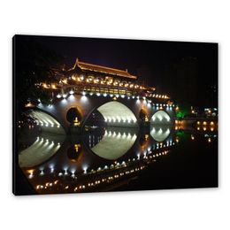 Pixxprint Leinwandbild hellerleuchtete chinesische Brücke