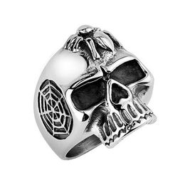 Taffstyle Fingerring Herren Ring Edelstahl Totenkopf mit Spinne Silber