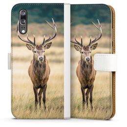 DeinDesign Handyhülle Hirsch Wald Wiese König des Waldes, Huawei P20 Hülle Handy Flip Case Wallet Cover Handytasche Leder, weiß