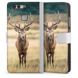 DeinDesign Handyhülle Hirsch Wald Wiese König des Waldes, Huawei P9 Hülle Handy Flip Case Wallet Cover Handytasche Leder, weiß