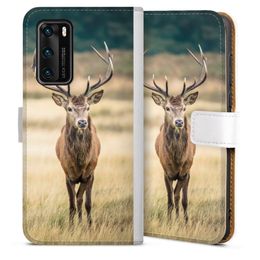 DeinDesign Handyhülle Hirsch Wald Wiese König des Waldes, Huawei P40 Hülle Handy Flip Case Wallet Cover Handytasche Leder, weiß