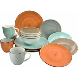 Creatable Kombiservice Geschirr-Set VINTAGE NATURE (16-tlg), 4 Personen, Porzellan, Service, handgemalt, gesprenkelt, 16 Teile, für 4 Personen, blau|grau|orange