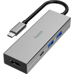 Hama USB-C Multiport Hub für Laptop mit 4 Ports, USB-A, USB-C, HDMI USB-Adapter USB-C zu HDMI, USB Typ A, USB-C, 15 cm, Laptop Dockingstation, kompakt, robustes Gehäuse, silberfarben, grau