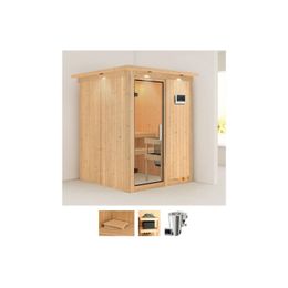 Karibu Sauna Milaja, BxTxH: 165 x 165 x 202 cm, 68 mm, (Set) 3,6-kW-Bio-Plug & Play Ofen mit externer Steuerung, beige