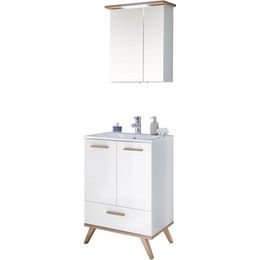 Saphir Badmöbel-Set Quickset 2-teilig, Mineralmarmor-Waschtisch und LED-Spiegelschrank, (2-St), Waschplatz 61 cm breit, 4 Türen, 1 Schublade, 2 Einlegeböden, Bad-Set, weiß