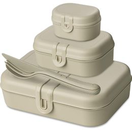 Koziol Lunchbox, Holz, Kunststoff, (Set, 6-tlg., 3 Lunchboxen +1 Besteckset bestehend aus 1x Messer,1x Gabel, 1x Löffel), biozirkulärem Material,spülmaschinengeeignet,melaminfrei,recycelbar, beige