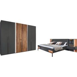 Rauch Schlafzimmer-Set Valetta, Schrank, Bett, 2 Nachttische und 2 Paneele, optional mit Beleuchtung, schwarz