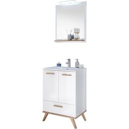 Saphir Badmöbel-Set Quickset 2-teilig, Mineralmarmor-Waschtisch und LED-Spiegel, (4-St), Waschplatz 61 cm breit, 2 Türen, 1 Schublade, Spiegel-Ablage, Bad-Set, weiß