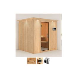 Karibu Sauna Dima, BxTxH: 210 x 184 x 202 cm, 68 mm, (Set) 3,6-kW-Plug & Play Ofen mit externer Steuerung, beige