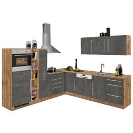 Kochstation Winkelküche KS-Samos, mit E-Geräten, Stellbreite 260 x 270 cm mit Stangengriffen aus Metall, grau