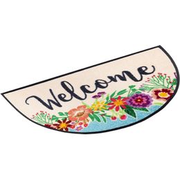 Fußmatte Round Welcome Blooming, wash+dry by Kleen-Tex, halbrund, Höhe: 7 mm, Schmutzfangmatte, Motiv Blumen, mit Spruch, rutschhemmend, waschbar, bunt