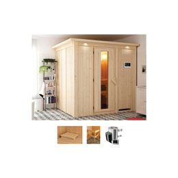 Karibu Sauna Ellin, BxTxH: 210 x 184 x 202 cm, 68 mm, (Set) 3,6-kW-Plug & Play Ofen mit ext. Steuerung, braun
