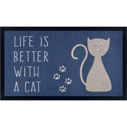 Fußmatte Katze, my home, rechteckig, Höhe: 5 mm, Rutschfest, Tiermotiv, Cat, mit Spruch, Robust, Pflegeleicht, beige|blau