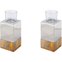 Creativ home Teelichthalter Kerzenhalter Tower (Set, 2 St), aus Holz, Edelstahl und Glas, silberfarben