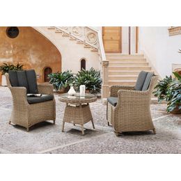 Destiny Balkonset LUNA MALAGA, (Set, 7-tlg), Polyrattan, 2 Sessel + Kaffeetisch Ø 60x55 cm, + Auflagen grau, beige