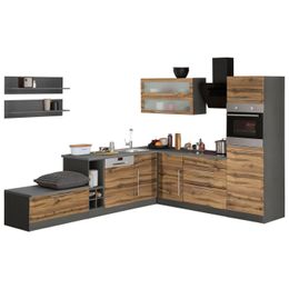 Kochstation Winkelküche KS-Samos, mit E-Geräten, Stellbreite 300 x 250 cm, braun