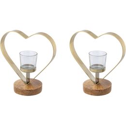 Creativ home Teelichthalter Kerzenhalter Herz (Set, 2 St), aus Holz, Edelstahl und Glas, goldfarben