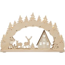 Weigla Schwibbogen Waldhaus, Weihnachtsdeko (1-tlg), aus Buchenholz, Riffelkerzen, 7-flammig, Höhe 32 cm, beige|braun