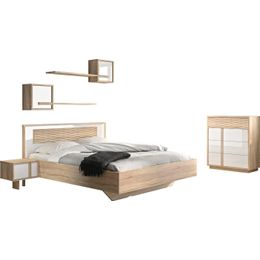 Gami Schlafzimmer-Set Curtys, (6-St., 1x Bett, 2x hängende Nachttische, 1x Kommode und 2x Wandregal), weiß