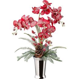 Winterliche Kunstpflanze Weihnachtsdeko Orchidee, Creativ green, Höhe 70 cm, Gesteck in Keramikvase, dekoriert mit Zapfen, Beeren und Farnzweigen, rot