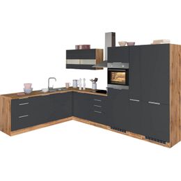 Kochstation Küche KS-Luhe, Stellbreite 240x330 cm, wahlweise mit oder ohne E-Geräten, MDF-Fronten, grau