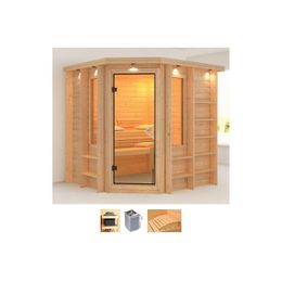Karibu Sauna Corvina, BxTxH: 224 x 210 x 206 cm, 40 mm, (Set) 9-kW-Ofen mit integrierter Steuerung, beige