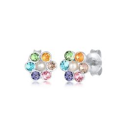 Elli Paar Ohrstecker Kinder Blume Synthetische Perle Regenbogen Kristall 925 Silber, silberfarben
