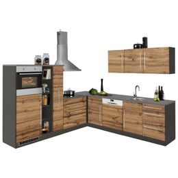 Kochstation Winkelküche KS-Samos, mit E-Geräten, Stellbreite 260 x 270 cm mit Stangengriffen aus Metall, braun