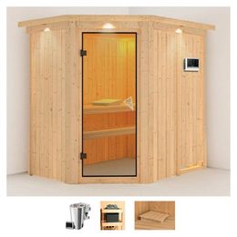 Karibu Sauna Swantje, BxTxH: 165 x 210 x 202 cm, 68 mm, (Set) 3,6-kW-Bio-Plug & Play Bio-Ofen mit externer Steuerung, beige