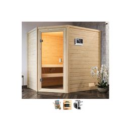 Welltime Sauna Juli, BxTxH: 195 x 145 x 187 cm, 38 mm, 3,6-kW-Plug & Play Ofen mit ext. Steuerung, beige