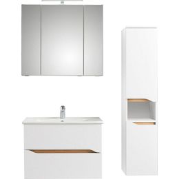 Saphir Badmöbel-Set Quickset 3-teilig, Keramikwaschtisch mit LED-Spiegelschrank, (4-St), Midischrank, inkl. Türdämpfer, 2 Schubladen, 5 Türen, 8 Einlegeböden, weiß