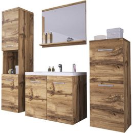 Welltime Badmöbel-Set PARLA, (Komplett-Set, 5-St), Waschtisch inkl. Waschbecken, Spiegel, Hochschrank und Hängeschrank, braun