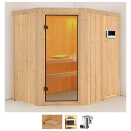 Karibu Sauna Swantje, BxTxH: 151 x 196 x 198 cm, 68 mm, (Set) 3,6-kW-Plug & Play Bio-Ofen mit externer Steuerung, beige